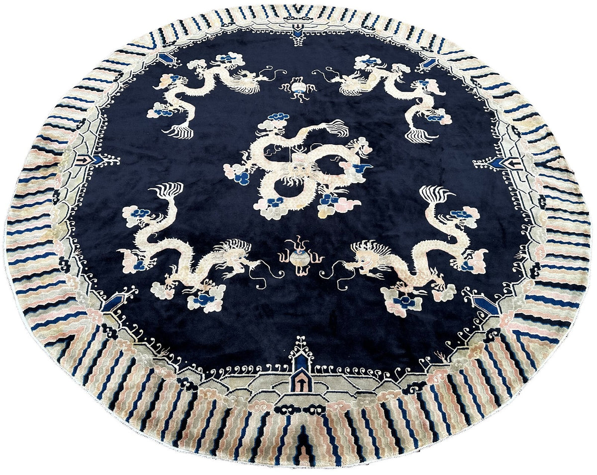 8x8 Round Antique Art Deco Chinese Handmade Rug Dragon Design 244cm x ...